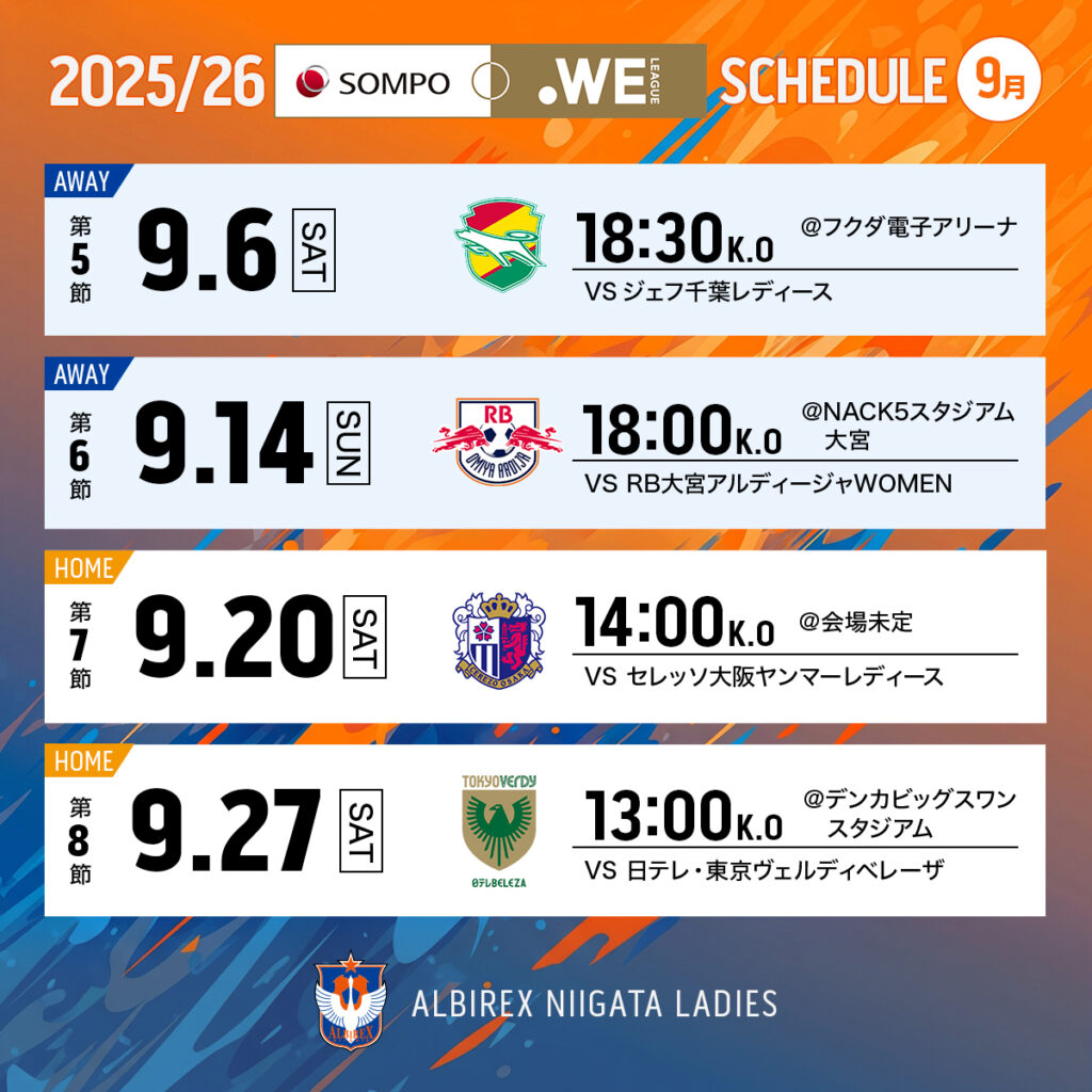 2025/26 SOMPO WEリーグ 第5節～第14節(9月～12月開催分)の試合日程が決定！ - アルビレックス新潟レディース